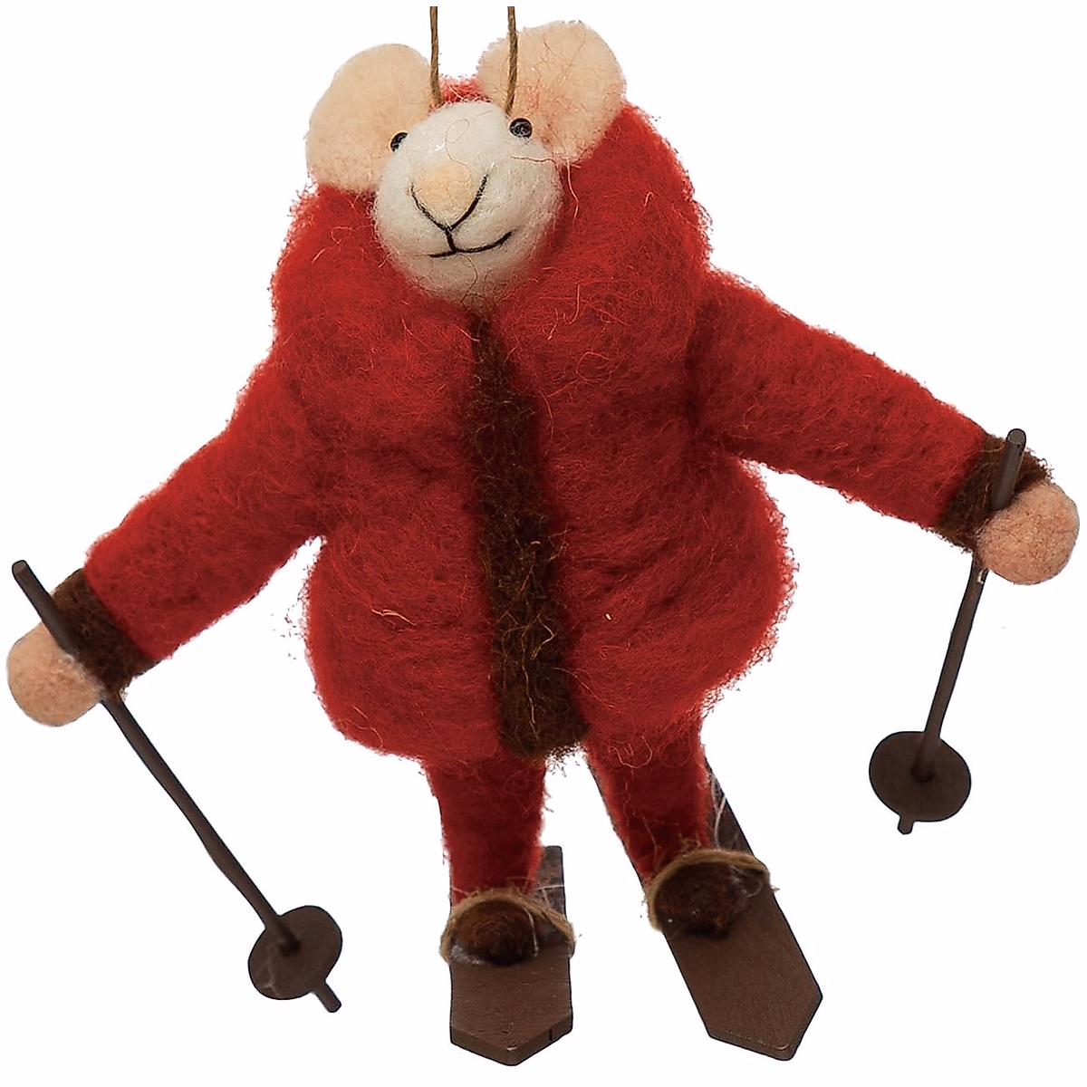 OnHoliday Wool Felt Skiing Mouse in Red Parka Hanging Christmas Tree Ornament.