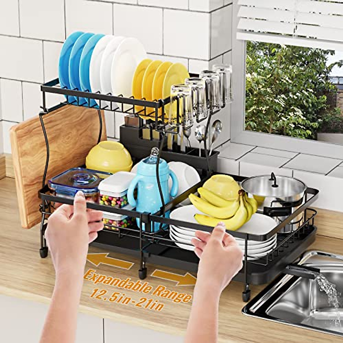 YKLSLH Expandable Dish Drying Rack , 2 Tier Large Drying Rack for Kitchen Counter with Drainboard, Glass Holder, Utensil Holder-Dish Drainers (Black)