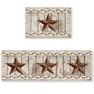 Kitchen Rug Sets of 2 Piece Non-Slip Soft Absorbe Western Texas Star and Primitive Berries on Country Wooden Plank Kitchen Mat Bath Rug Doormat Runner Carpet Set 16"x24"+16"x47"