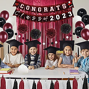 Maroon Graduation Party Decorations Congrats Class of 2023 Banner Paper Garland Including Foil Balloons Fringe Curtains Tassels Paper Pompoms for Senior High School College Graduation Celebration Decorations
