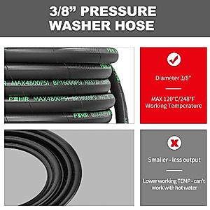 POHIR Pressure Washer Whip Hose 5FT, Hose Reel Connector Hose 248°F Hot/Cold Water Jumper Hose 3/8" with Quick Connect Adapter, Industry Grade Steel Wire Braided & Synthetic Rubber Jacket 4800 PSI