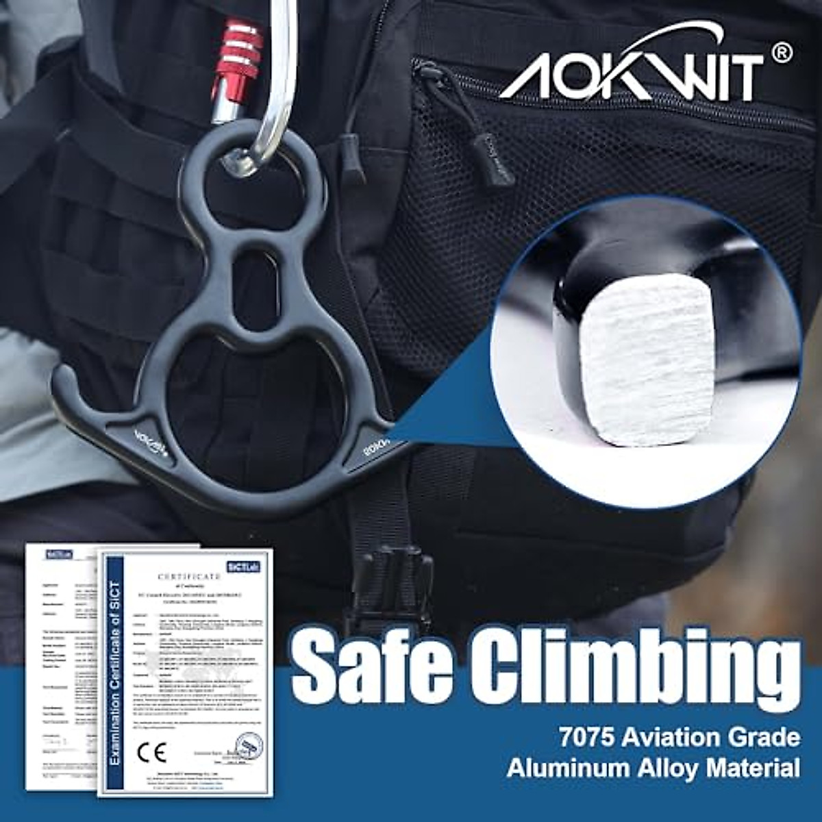 50KN Rescue Figure, 8 Descender Large Bent-Ear Belaying and Rappelling Gear Belay Device Climbing for Rock Climbing Peak Rescue 7075 Aluminum Alloy (Black)