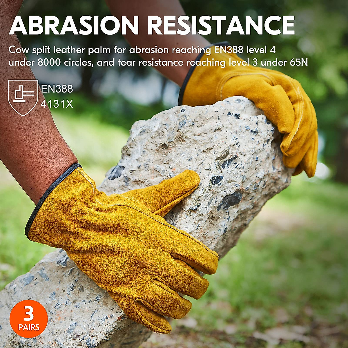 Vgo... 3-Pairs Unlined Cowhide Split Leather Work and Driver Gloves, for Heavy Duty, Truck Driving, Warehouse, Gardening, Farm (Size L, Gold, CB9501)