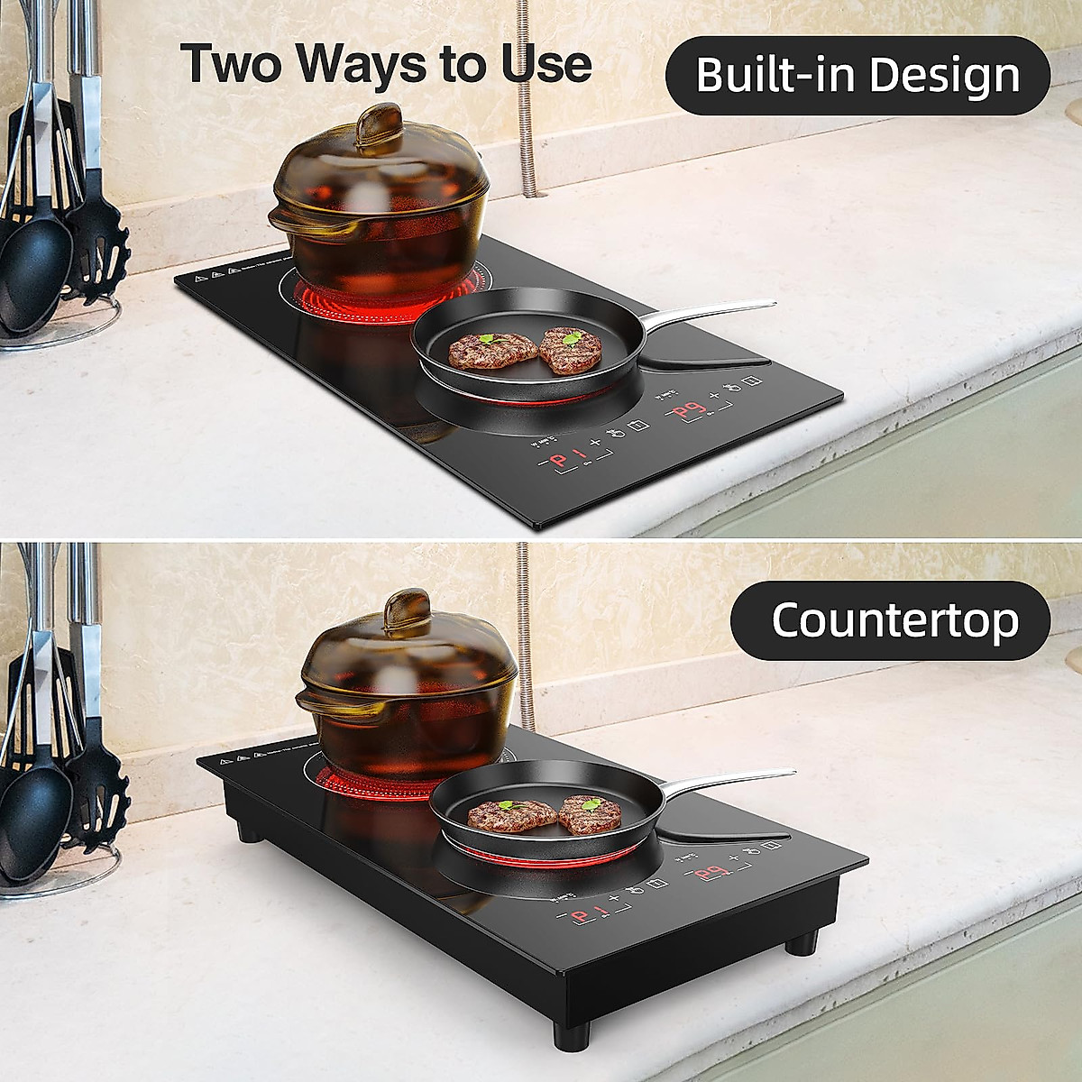 POTFYA Electric Cooktop, 12 Inch Built-in Radiant Electric Stove Top,110V 2100W Electric burner with 2 Burners,9 Power Levels,Kids Safety Lock & Timer, Overheat Protection,Sensor Touch Control
