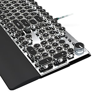 TISHLED Typewriter Keyboard Mechanical Gaming Keyboard White LED Backlit Removable Magnetic Wrist Rest Multifunction Knob 104-Key Anti-Ghosting Black Switch Retro Steampunk Round Keycaps Wired USB