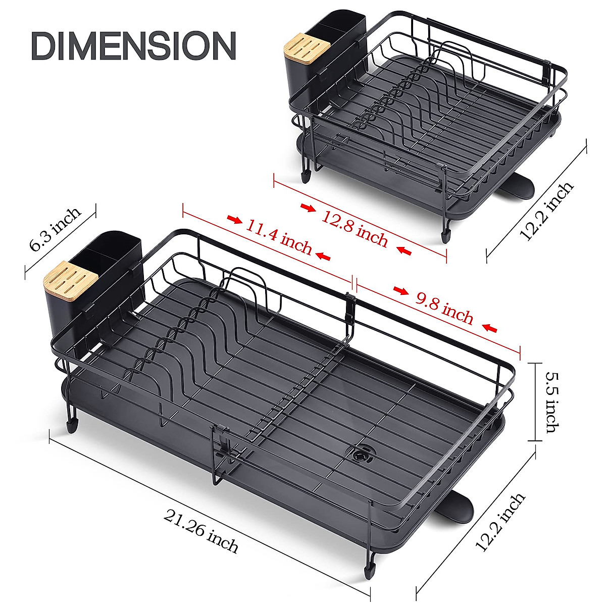 TOOLF Expandable Dish Drying Rack, Adjustable Dish Rack, Foldable Dish Drying Rack with Removable Cutlery Holder Swivel Drainage Spout, Anti-Rust Plate Rack for Kitchen, 1 Piece, Black