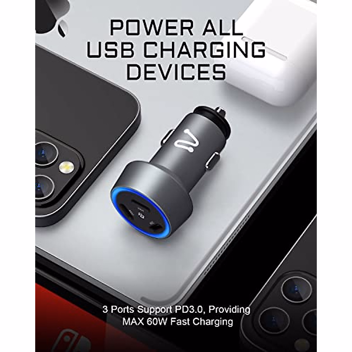 USB C Car Charger, Aergiatech 60W(20W Each) PD 3.0 Fast Car Charger Adapter 3-Port, Type C Car Charger Compatible with iPhone 13/13 Pro/12/12 Pro/11/X/SE, Galaxy S21/S20/Note20, iPad,Grey