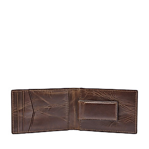 Fossil Men's Derrick Leather Slim Minimalist Magnetic Money Clip Bifold Front Pocket Wallet, Dark Brown, (Model: ML3684201)