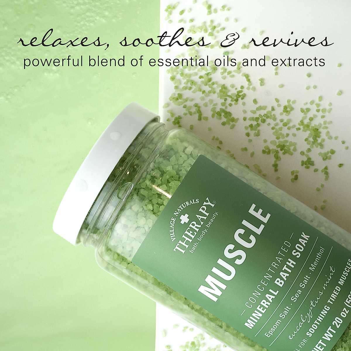 Village Naturals Therapy, Muscle Concentrated Mineral Bath Soak, Eucalyptus Mint Scent, 20 oz, Pack of 4