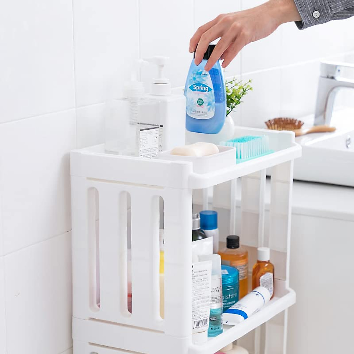 3-Tier Rolling Storage Shelf Plastic Dishwashing Detergent Organizer Serving Mobile Utility Easy Assembly Durable StableCart with Wheels, for Office, Bathroom, Kitchen, Bedroom (White)