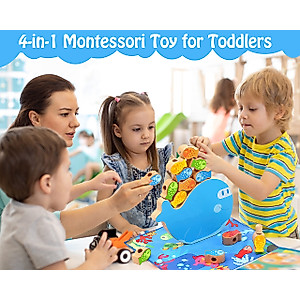 Dailyfunn Montessori Toy 4-in-1 Magnetic Fishing Game Stacking Blocks Lacing Beads Toys for Toddlers-Kids