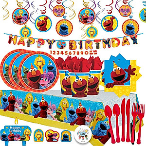 Mega Sesame Street Elmo Party Supplies with Tableware, Candle, Cutlery, Birthday Banner , Decoration for 16 by AMSCAN