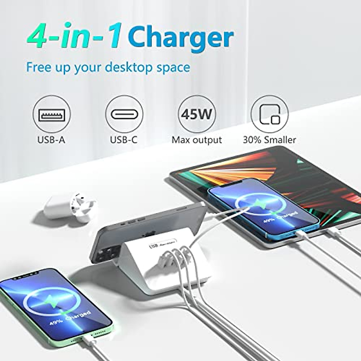 VHBW USB C Charging Station 45W, 4 Port Multiple USB Charging Station with 2 USB C & 2 USB A, 20W PD Fast Charger for Multiple Devices for iPhone 13/12/11, Samsung Galaxy, iPad, Pixel 4/3【UL Listed】