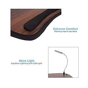 Sofia Sam Oversized Wood Top Memory Foam Lap Desk with Detachable USB Light and Tablet Slot (Black) Supports Laptops Up To 20 Inches