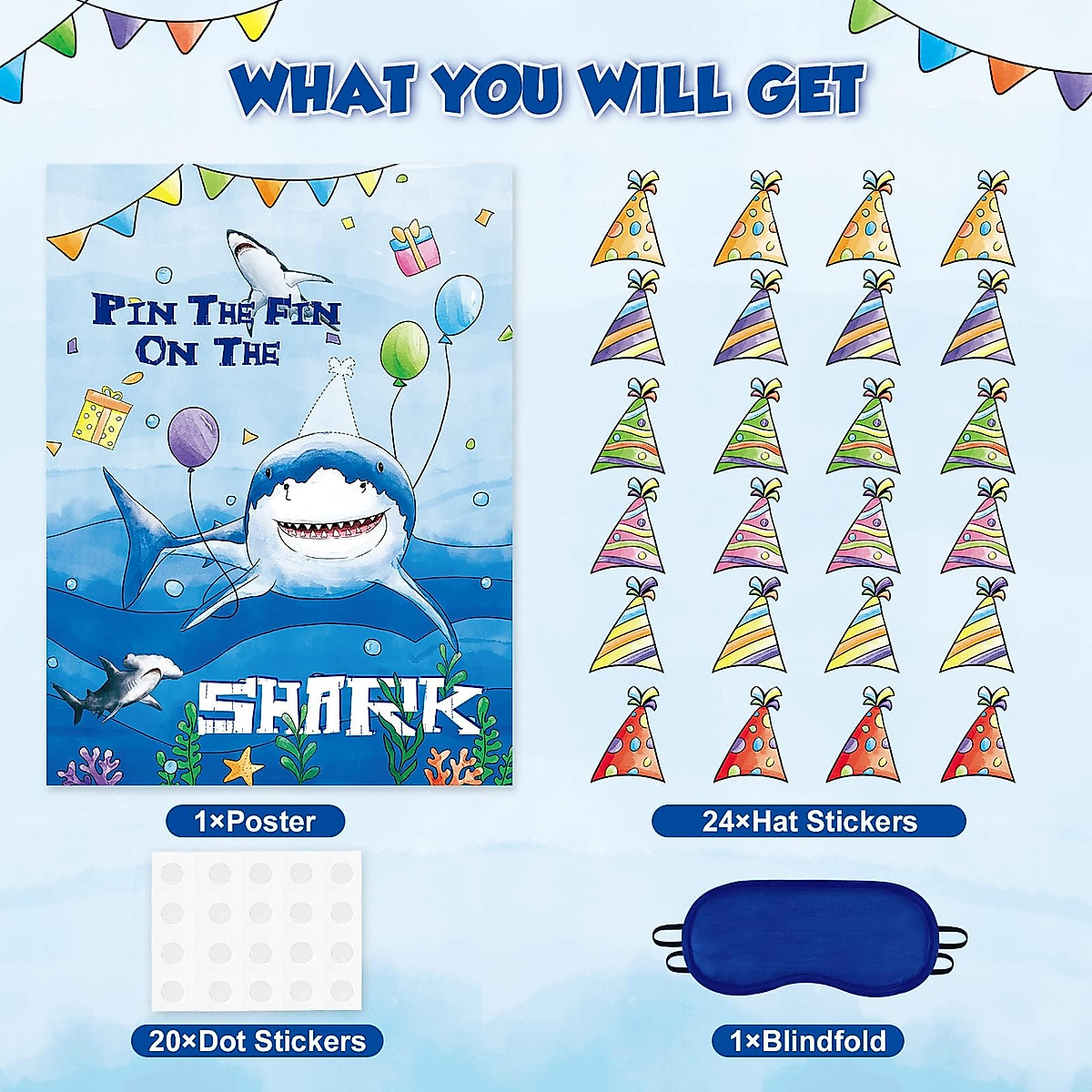 WERNNSAI Pin The Fin on The Shark Party Games - Ocean Party Supplies for Kids Boys Girls 21’’ x 28’’ Shark Game Poster with 24 Pcs Reusable Stickers for Birthday Family Classroom Activities