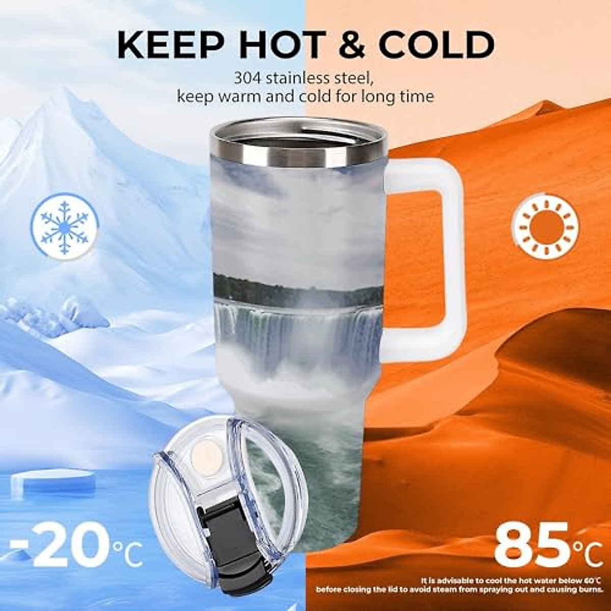 LLUTSNTH 40 Oz Vacuum Tumbler with White Handle Leakproof Insulated Tumbler Niagara Falls Stainless Steel Travel Mug with Lid And Straw Coffee Cup Cute Water Bottles Cup Holder Friendly