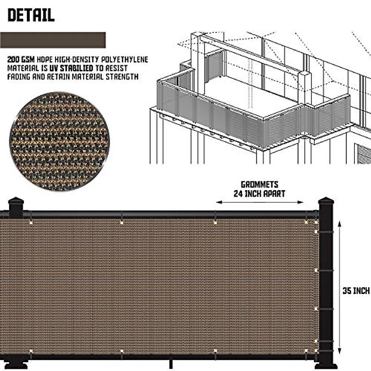 TANG 3' x 50' Brown Residential Commercial Privacy Deck Fence Privacy Screen 200 GSM Weather Resistant Outdoor Protection Fencing Net for Balcony Verandah Porch Patio Pool Backyard Rails