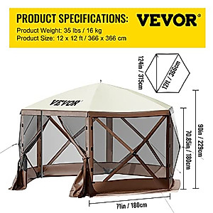 VEVOR 12x12ft Camping Gazebo Screen Tent, 6 Sided Pop-up Canopy Shelter Tent with Mesh Windows, Portable Carry Bag, Stakes, Large Shade Tents for Outdoor Camping, Lawn and Backyard