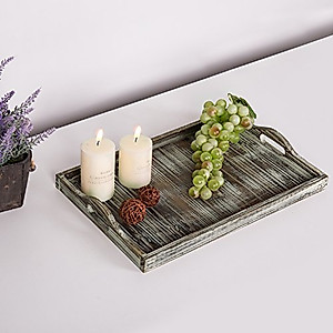 MyGift Rustic Torched Solid Wood Large Serving Tray with Cutout Handles with Slatted Design, Breakfast Ottoman Coffee Table Tray, 16 x 11 Inches