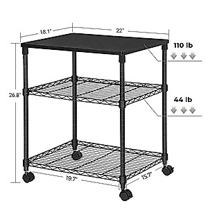 SONGMICS Printer Stand, 3-Tier Metal Printer Cart with Wheels, Printer Table with 2 Height-Adjustable Storage Shelves, for Home Office, 22 x 18.1 x 26.8 Inches, Black ULGR32BK