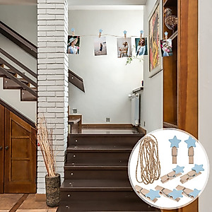 HEALLILY 100pcs Mini Wooden Clothespins Star Shape Wall Hanging Photo Clips Picture Pegs Craft Clips with Hemp Rope Blue