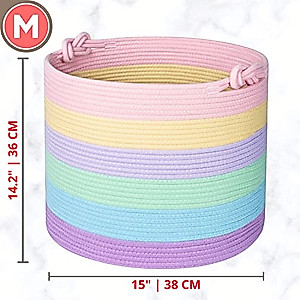MINTWOOD Design 15 x 14.2 Inches Woven Cotton Rope Storage Basket, Stuffed Toy Basket Bin, Laundry Basket Hamper, Nursery Basket, Dog Toy Basket, Blanket Basket, Gift Basket, Pastel Rainbow