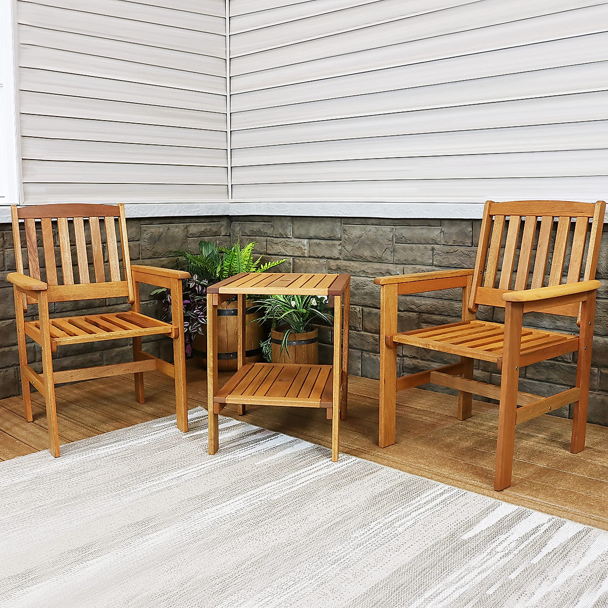 Sunnydaze Meranti Wood 3-Piece Outdoor Patio Conversation Set - 2 Chairs and 1 Table - Teak Oil Finish