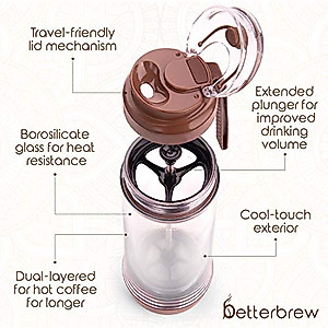 Betterbrew Travel French Press Coffee Maker | Portable Insulated Coffee Press with Plunger for Travel, Commuting and Outdoors | Borosilicate Glass Cup for Proper Coffee To Go! (15 oz)…