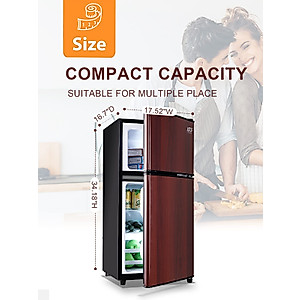 KRIB BLING Mini Fridge With Freezer,3.5 Cu. Ft Compact Refrigerator With 2 Doors,7- Level Adjustable Thermostat, Removable Glass Shelves For Bedroom, Office, Kitchen, Apartment, Dorm,Wood