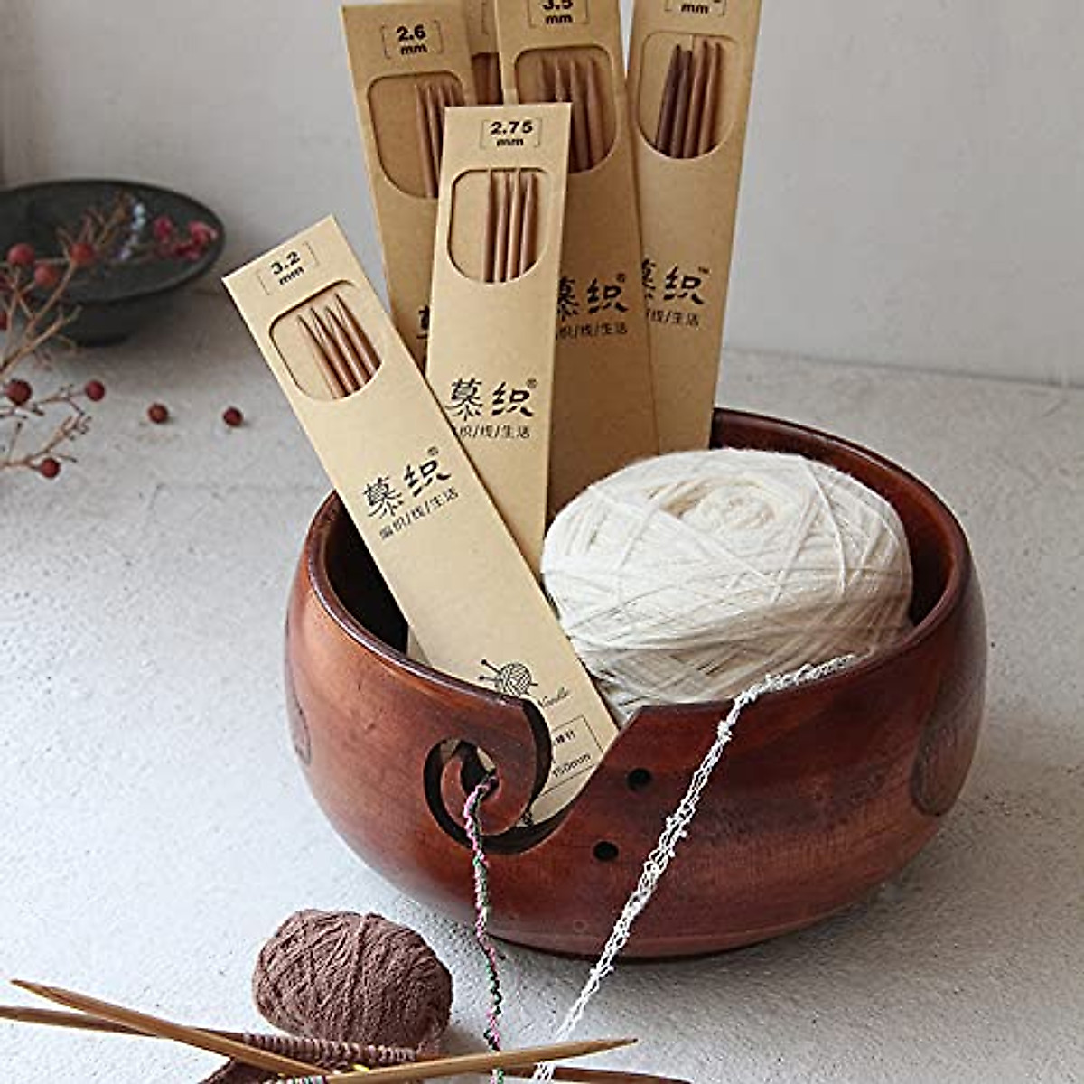 Wood Yarn Storage Bowl, Yarn Bowl for Crocheting with 12 Pieces Bamboo Crochet Hooks, 3.2”x 5.3”, Wooden Yarn Ball Holder for Crocheting Knitting DIY Crafts Tools