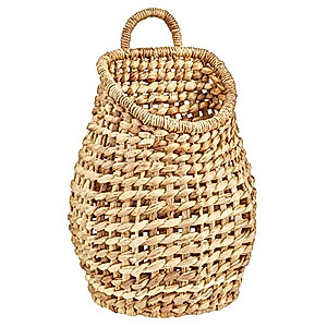 mDesign Open Weave Water Hyacinth Hanging Wall Storage Belly Basket for Flowers & Essentials, Decorative Boho Mounted Organizer for Pantry, Closet, Bathroom, and The Door - Natural/Tan