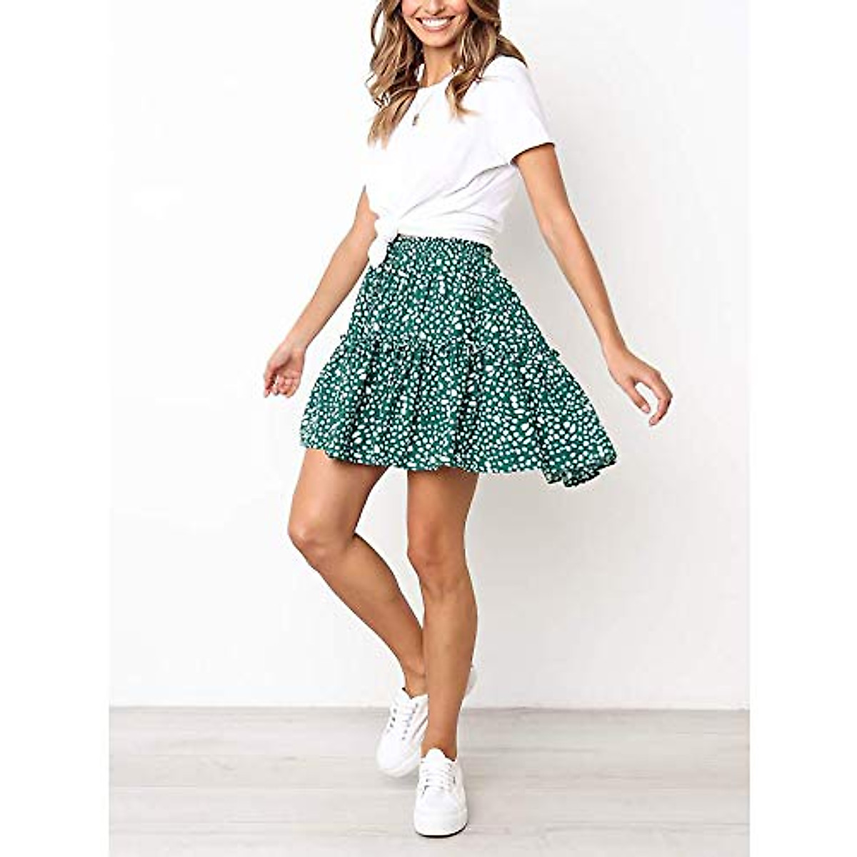 Relipop Women's Flared Short Skirt Polka Dot Pleated Mini Skater Skirt with Drawstring (T4, X-Large)