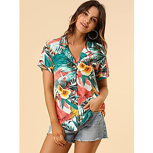 Allegra K Women's Hawaiian Shirt Floral Leaves Printed Short Sleeve Top Tropical Button Down Shirt Summer Fashion 2024 X-Small White