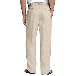 COOFANDY Men's Casual Linen Pants Cotton Elastic Waist Drawstring Trousers (Khaki, XL)