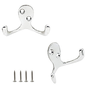 suiwotin 10pcs Coat Hooks, Heavy Duty Wall Hook, Double Prong Robe Hook Wall Mount Hanging Hooks for Closet Clothes, Coat, Bag, Scarf, Towel, Hat, Cap, Key (Chrome)