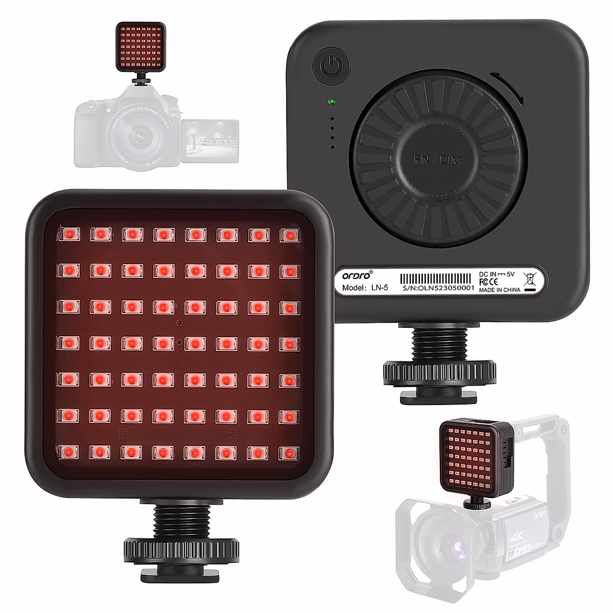 Ordro LN-5 Mini IR Night Vision Light Infrared Photography Light for Video Camera Camcorder Built-in Rechargeable Battery with 3 Cold Shoe Mount for Vlog YouTube Video Recording