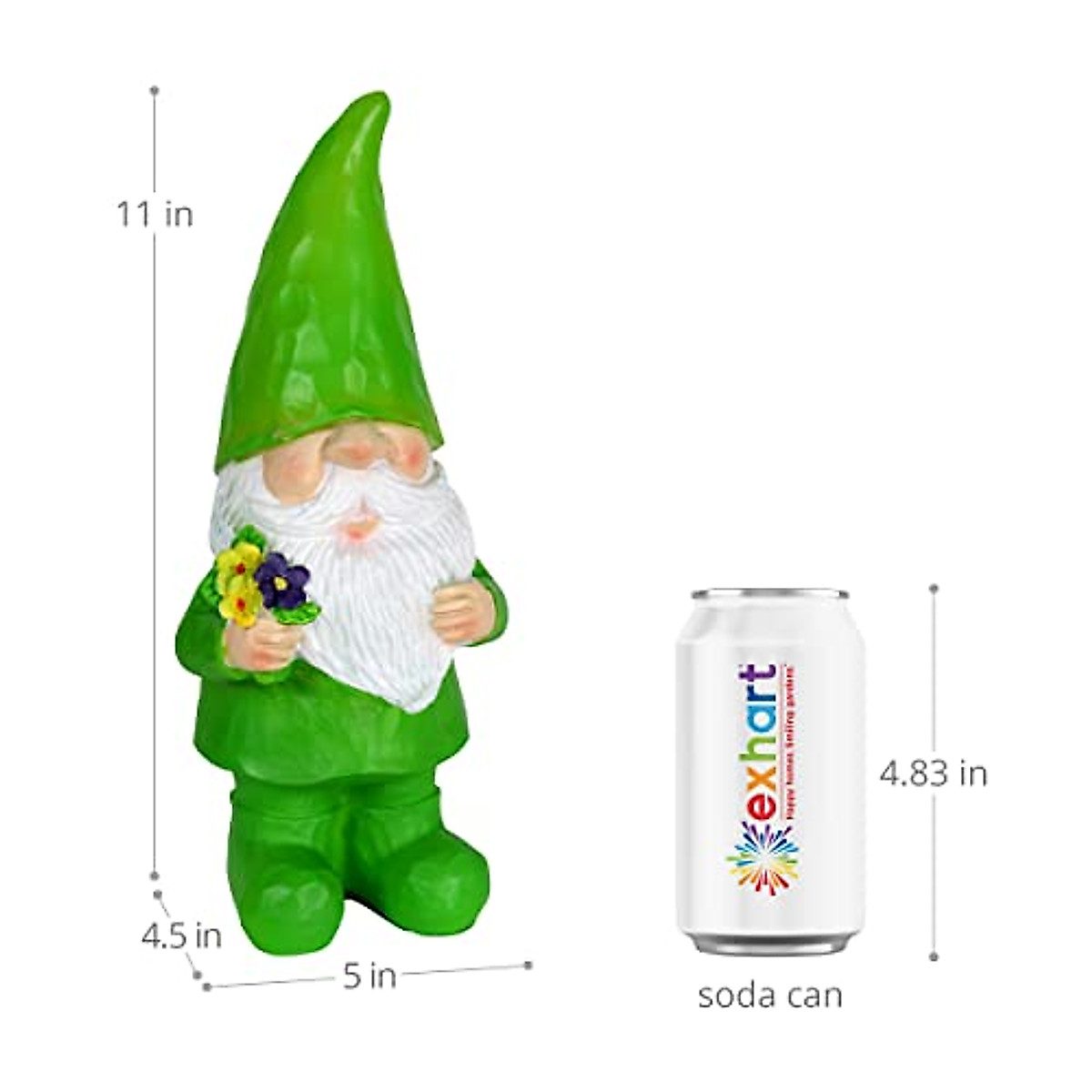 Exhart Solar Green Woodland Garden Gnome Statue, LED Hat, Durable Resin, Cute Yard Décor, 5”x5 x11