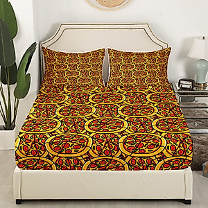 Pizza Bed Sheet Set Kids Chocolate Doughnut Fitted Sheet Decor Whimsical Dessert Bedding Set Abstract Desserts Food Orange Red Bedspread Cover Bedroom Queen Size