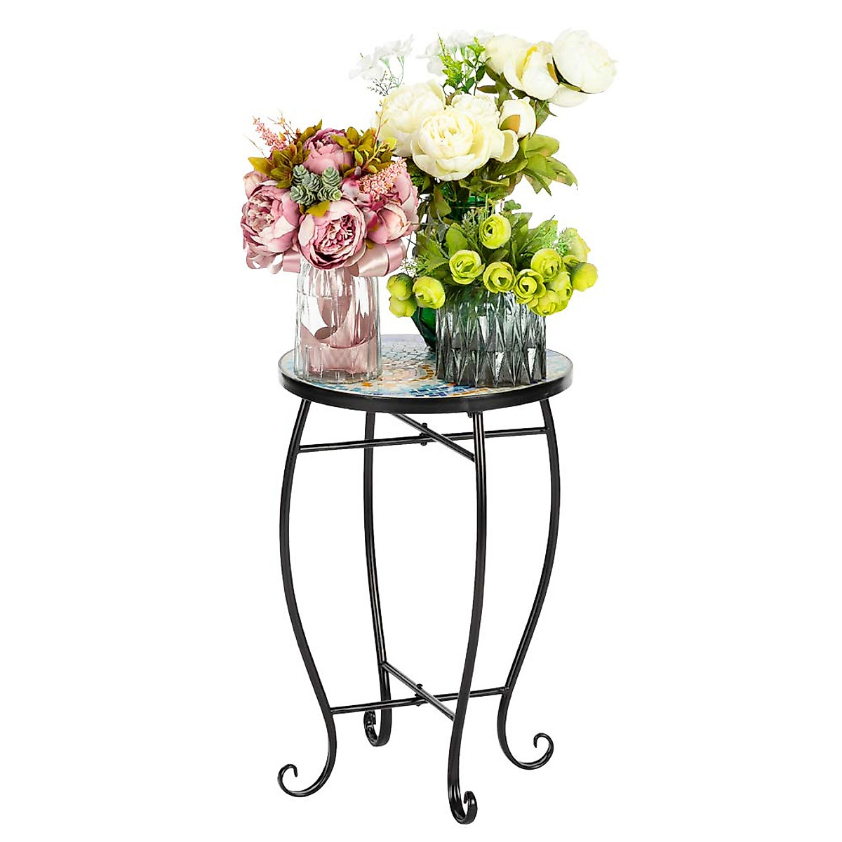 OOTDxvv Outdoor Side Table, 14inch Mosaic Patio Table Accent Table Plant Stand Small End Table with Coloured Glass for Porch Beach Patio Garden Balcony Poolside (D)