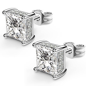 18K White Gold Plated Sterling Silver Princess Cut Cubic Zirconia Stud Earrings Square Simulated Diamond CZ Stud Earrings for Women Men Hypoallergenic (7MM, White Gold)