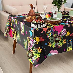 FunHot 80s Tablecloths, 4 Pcs 54 x 108 Inch Waterproof Black Print Rectangular Table Covers for 80s Nostalgia Party Decorations