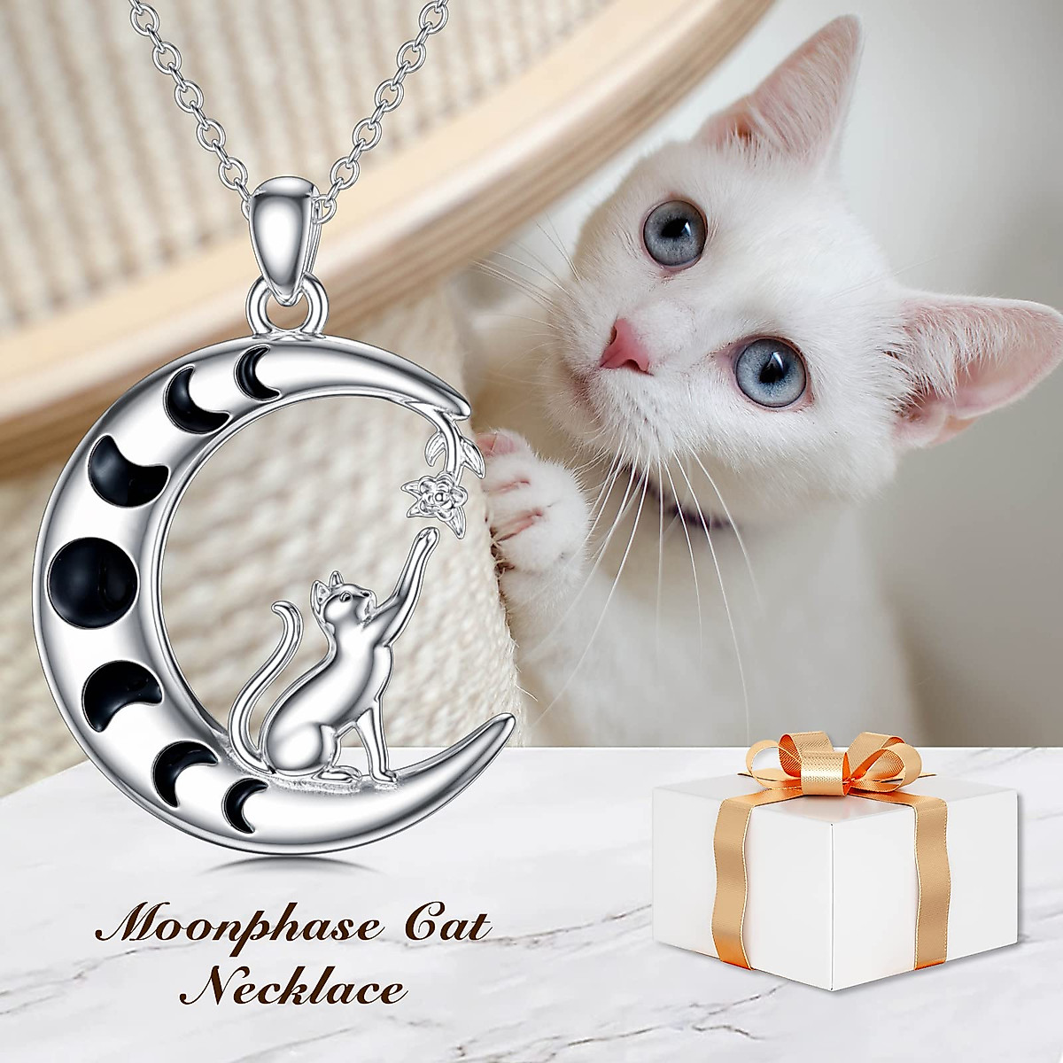 PROESS Sterling Silver Cat Necklace Moon Phase Cat Pendant Wicca Cat Jewelry Gift for Women and Cat Lovers