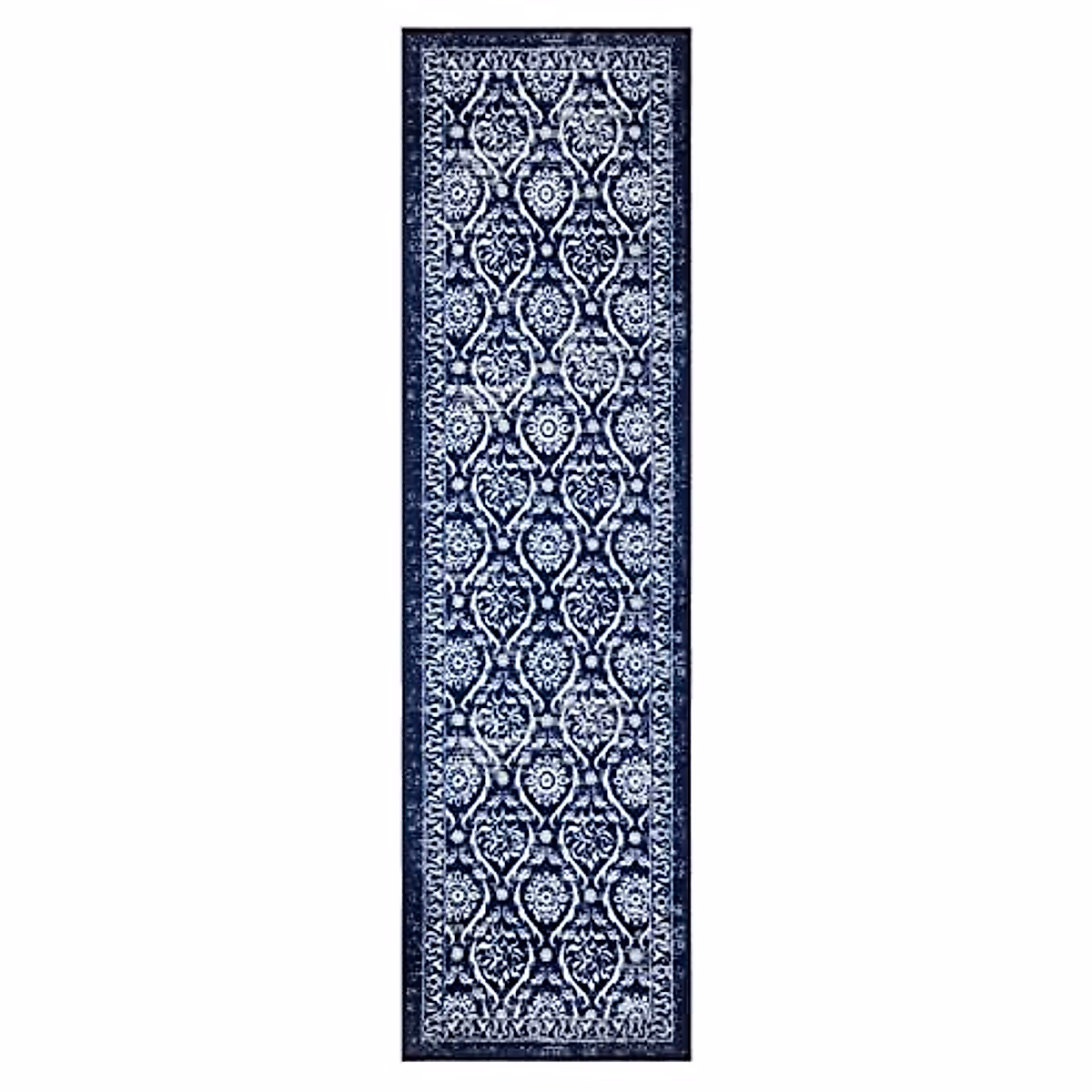 Antep Rugs Alfombras Non-Skid (Non-Slip) 2x7 Rubber Backing Floral Geometric Low Profile Pile Indoor Area Runner Rugs (Navy Blue, 2' x 7')