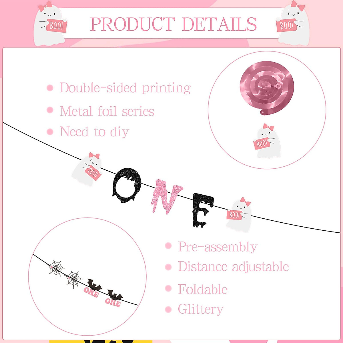 Gameza Halloween Birthday Party Decorations - 13PCS Glitter The Spooky One Birthday Decorations Girl Banner Hanging Swirls Pink Cute Ghost 1st Birthday Decor Set Little Boo Themed Party Supplies