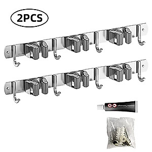 dsfen 2 Pcs Broom Holder Wall Mount Stainless Steel Mop Holder Broom Hanger Heavy Duty Broom Holder for Laundry Room Garden Garage Bathroom (3 Racks 4 Hooks)