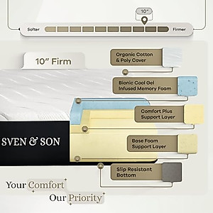 Sven & Son Gel Memory Foam Mattress, Premium Materials, CertiPUR-US, Made in The USA, 10 inch Firm - TwinXL