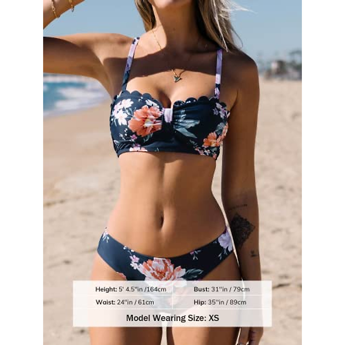CUPSHE Bikini Set for Women Bathing Suit Scalloped Low Waisted Spaghetti Straps Crisscross Back Hook Kont, XL Navy Floral