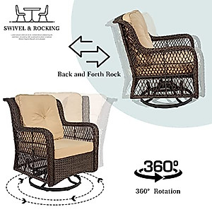 MOOLINCO 3 Pieces Swivel Rocking Chairs Set, Patio Furniture Set, with 2 Wicker Chairs, a Coffee Table and 2 Cushions, Indoor and Outdoor Universal Wicker Rocker (Khaki)