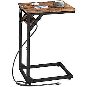 NONGSHIM Side Table, Slim C Shaped End Table with Charging Station, Small Snack Table for Living Room, Bedroom, Sofa Table with USB Ports and Outlets for Small Spaces, Rustic Brown