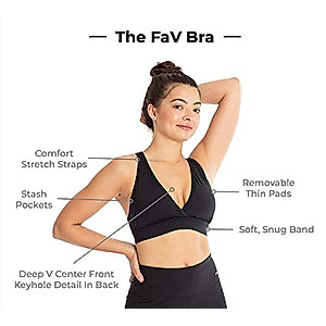 Handful The FaV Bra, Medium Support Sports Bra, Pockets, Removable Pads, Deep Plunge Neck Line, Booya Black, Small